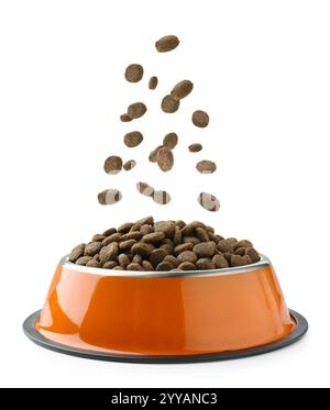 Dry pet food falling into bowl on white background Stock Photo - Alamy