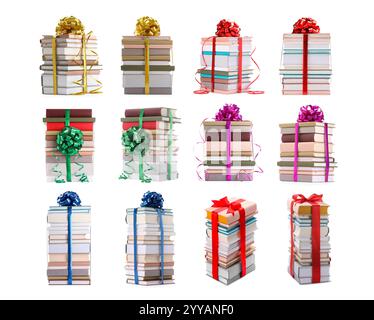 Stacked books decorated with bows isolated on white. Nice holiday gift ...