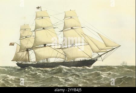 The clipper ship Highflyer, 1111 tons, on the open sea. The British ...
