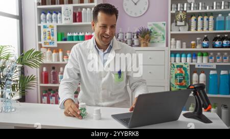 Handsome hispanic man working at pharmacy drugstore smiling with open ...