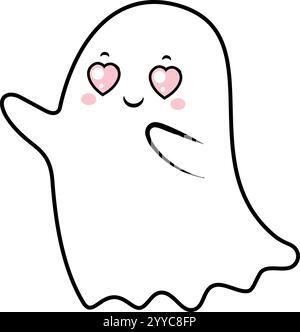 Charming cartoon ghost character waving and smiling with hearts in its ...