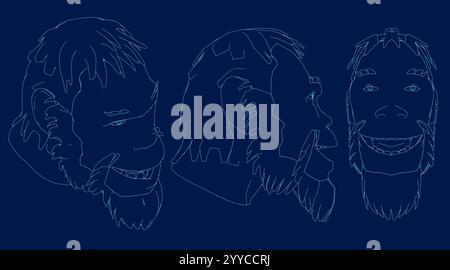 Set of Neanderthal Man contour. View front, back, isometric. Vector ...