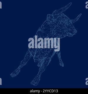 Wireframe Mascot of running angry bull buffalo. Blue line art vector ...