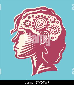 Rotating gears in human head. Thinking brain. Hand drawn vector ...