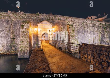 25 October 2024, Kotor, Montenegro: Bridge leading to the illuminated ...