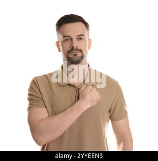 Man making promise on white background. Oath gesture Stock Photo - Alamy