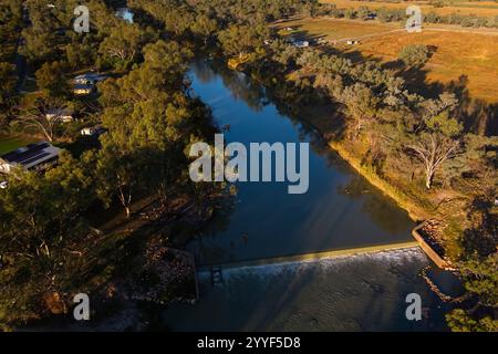 Aerial view of the Barwon River Weir in Collarenebri, New South Wales ...