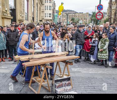 Musicians playing the Txalaparta, a traditional instrument of the ...