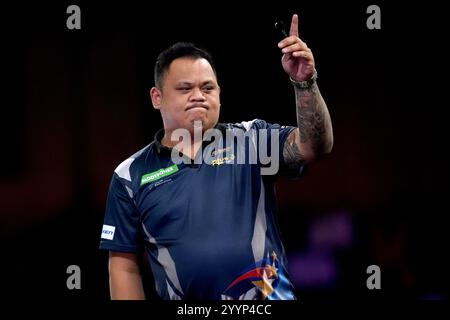 Paolo Nebrida reacts during his match against Ross Smith on day eight ...