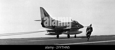Douglas A4D-2 Skyhawk of VA-83 after a crash barrier landing aboard USS ...