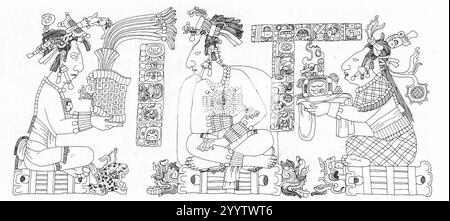 Drawing of a Maya relief from Palenque with K'inich Kan Bahlam II Stock ...