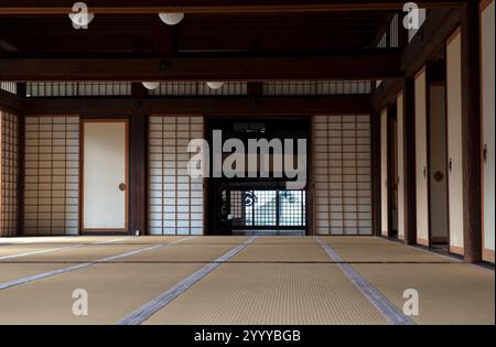 Traditional interior of Shitennoji Temple Kyakuden with shoji and ...
