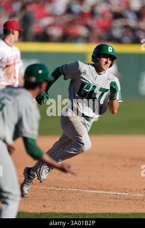 March 9, 2025: Arkansas base runner Charles Davalan (24) begins his ...