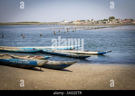 Fishing boats on the beach at Joal Fadiouth the shell island Senegal ...