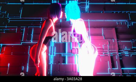 Virtual Reflections: A Cyberpunk Face-Off.. 3d rendering Stock Photo - Alamy