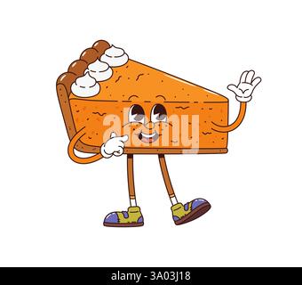 Retro groovy sponge cake dessert character joyfully jumping. Isolated ...