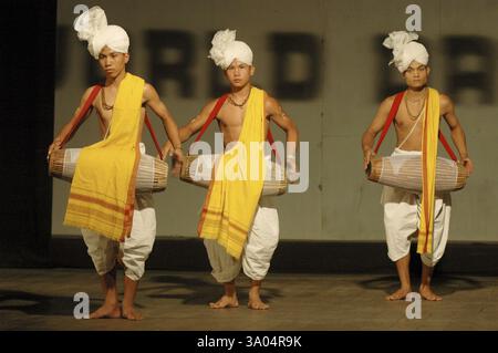 Traditional pung drummer, folk dance, Imphal, Manipur, India, Asia ...