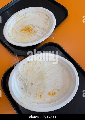 Dirty empty dishes on color background Stock Photo - Alamy