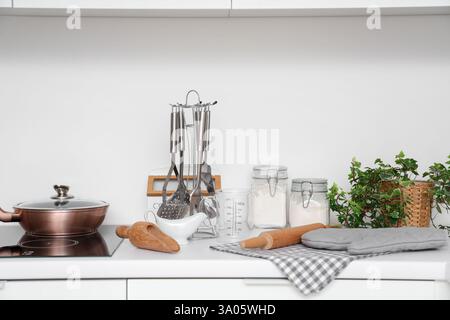 Modern kitchen with ingredients and set of utensils for bakery Stock ...
