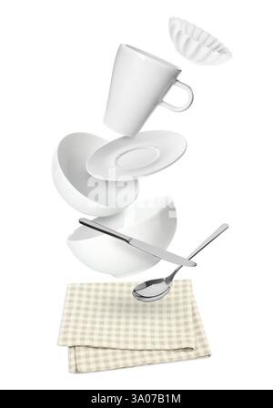 Flying clean tableware, napkin and cutlery isolated on white Stock ...