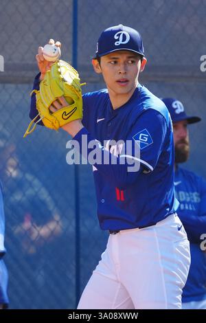 Roki Sasaki of the Los Angeles Dodgers pitches in a spring training ...