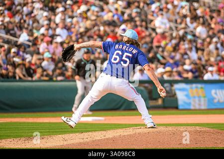 Texas Rangers' Joe Barlow against the Oakland Athletics during a ...