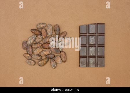 Cocoa beans. Chocolate bar. Peru color background. Chocolate production ...