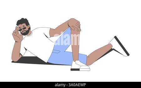 Relaxed bearded black man in sunglasses lounging on side 2D line ...