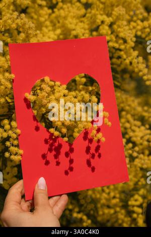 Diy greeting card with mimosa flowers paper balls for March 8 on blue ...