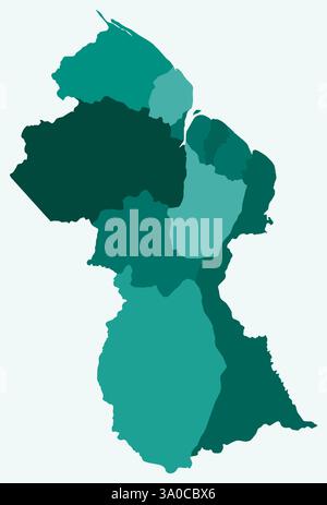 Map of Guyana with regions. Just a simple country border map with region division. Light blue ...