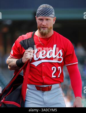Cincinnati Reds outfielder Jake Fraley catches a fly ball hit by ...