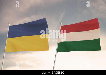 hungary and Ukraine diplomacy deal 3D illustration. Businessman partner ...