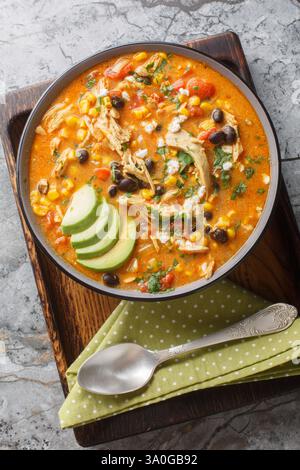 Bowl of tasty chicken enchilada soup on white background Stock Photo ...