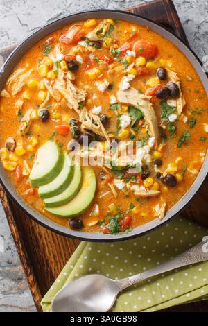 Bowl of tasty chicken enchilada soup on color background Stock Photo ...