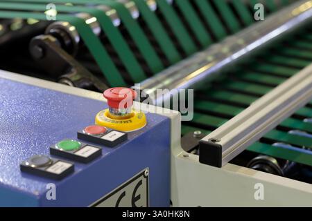 Control panel of the conveyor with several narrow belts run side by ...