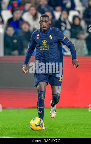 Juventus' Randal Kolo Muani (20) shoots the ball over the goal past ...