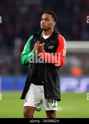 Arsenal's Jurrien Timber applauds the fans after the Premier League ...