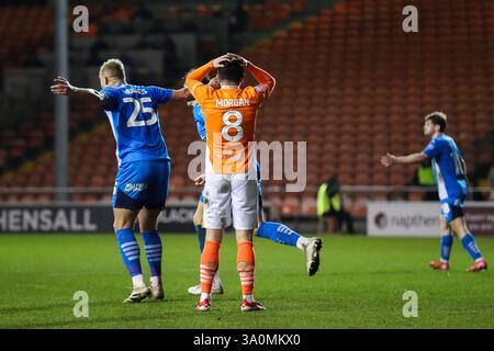 Albie Morgan of Blackpool reacts to a missed chance during the Sky Bet ...