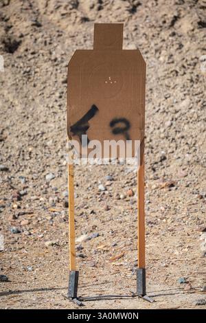 Cardboard human silhouette target with bullet holes against a wooden ...