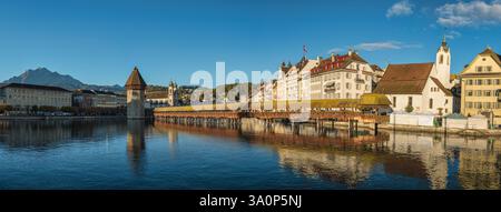 Lucerne (Luzern) Switzerland panorama city skyline at Chapel Bridge ...