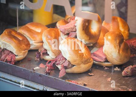 Salt beef bagels displayed at a bagel shop Beigel Bake of Brick Lane ...