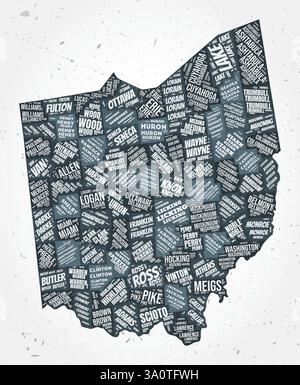 Ohio counties map word cloud. Ohio region names. Black and white map ...