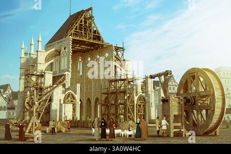 European medieval or fantasy town square architecture on a sunny day ...