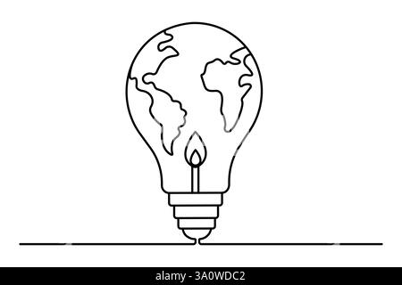 Continuous single line earth hour globe world map outline vector ...
