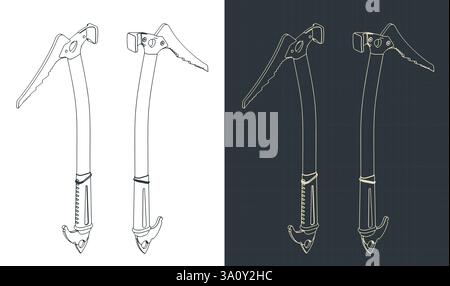 Stylized vector illustrations of ice axe blueprints. Mountain climbing ...