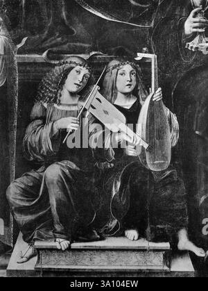 15th century musical instruments. Painting Hubert van Eyck?) showing ...