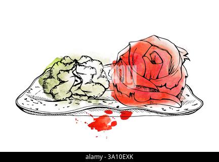 Watercolor illustration of sushi on a plate, ginger and wasabi, soy ...