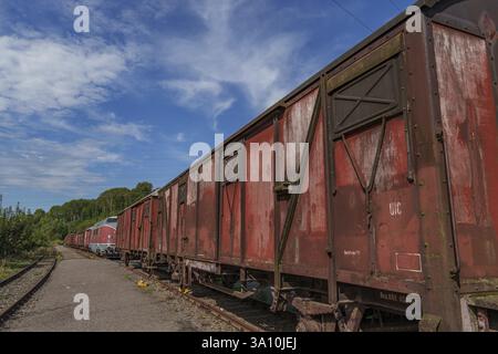 Empty railroad track with blue cloudy sky. Perspective view. Close up ...