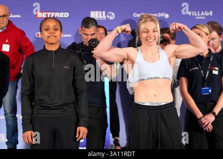Natasha Jonas (left) and Lauren Price during a weigh in at The ...