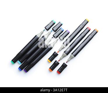 Many double sided markers on white background, top view Stock Photo - Alamy